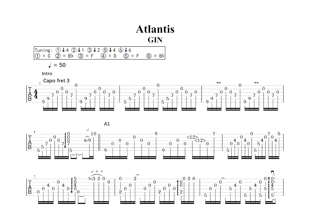 Atlantis吉他谱_GIN_C调指弹 - 吉他世界